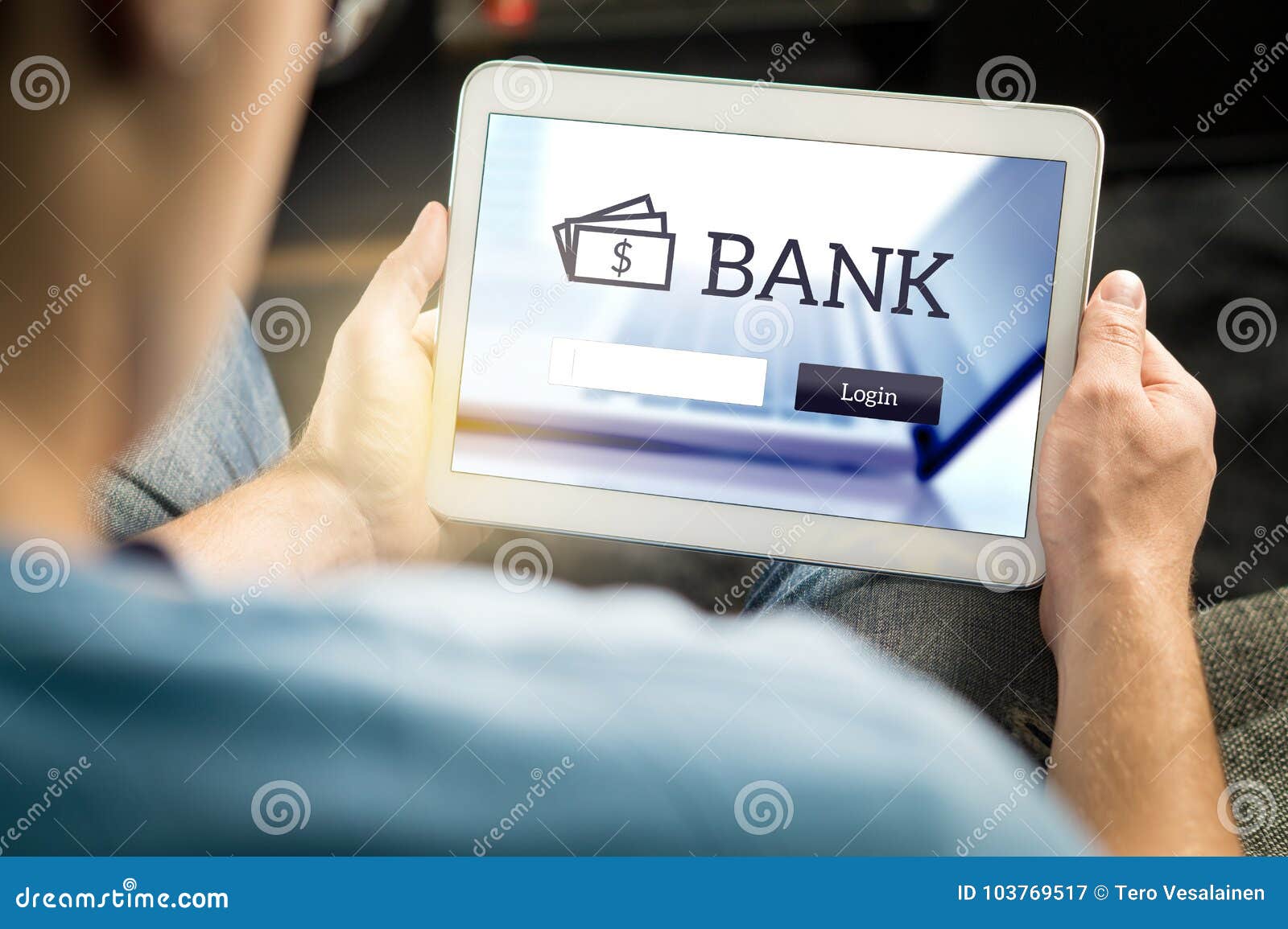 Man Using Mobile Bank Application with Tablet. Stock Image - Image of ...