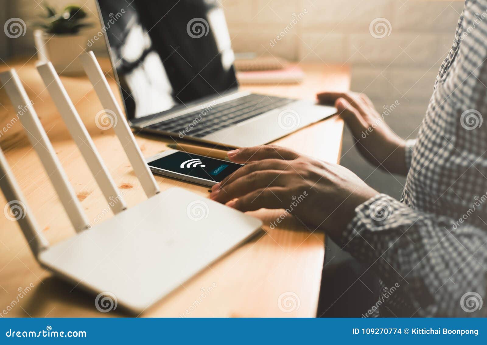 Man Using Mobile with Connect Wifi on the Screen. Man`s Hands Using ...
