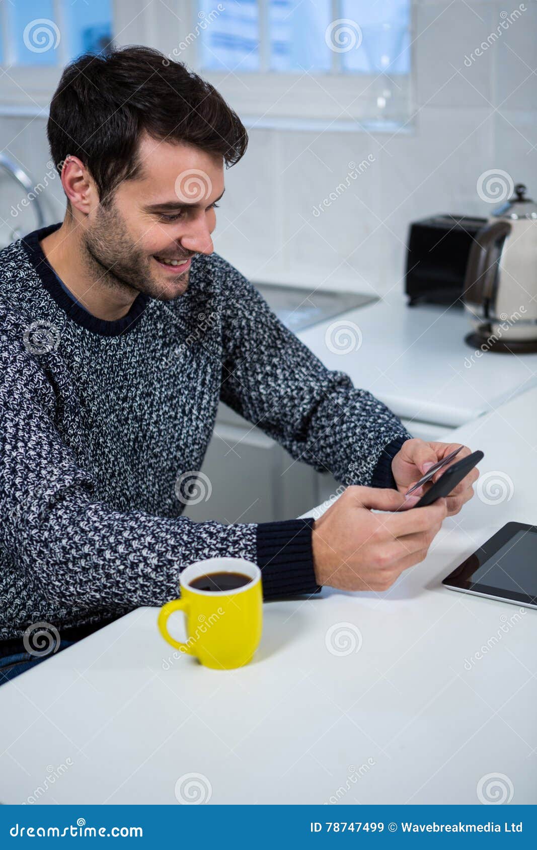 Man Using Mobile Phone in the Kitchen Stock Image - Image of home ...