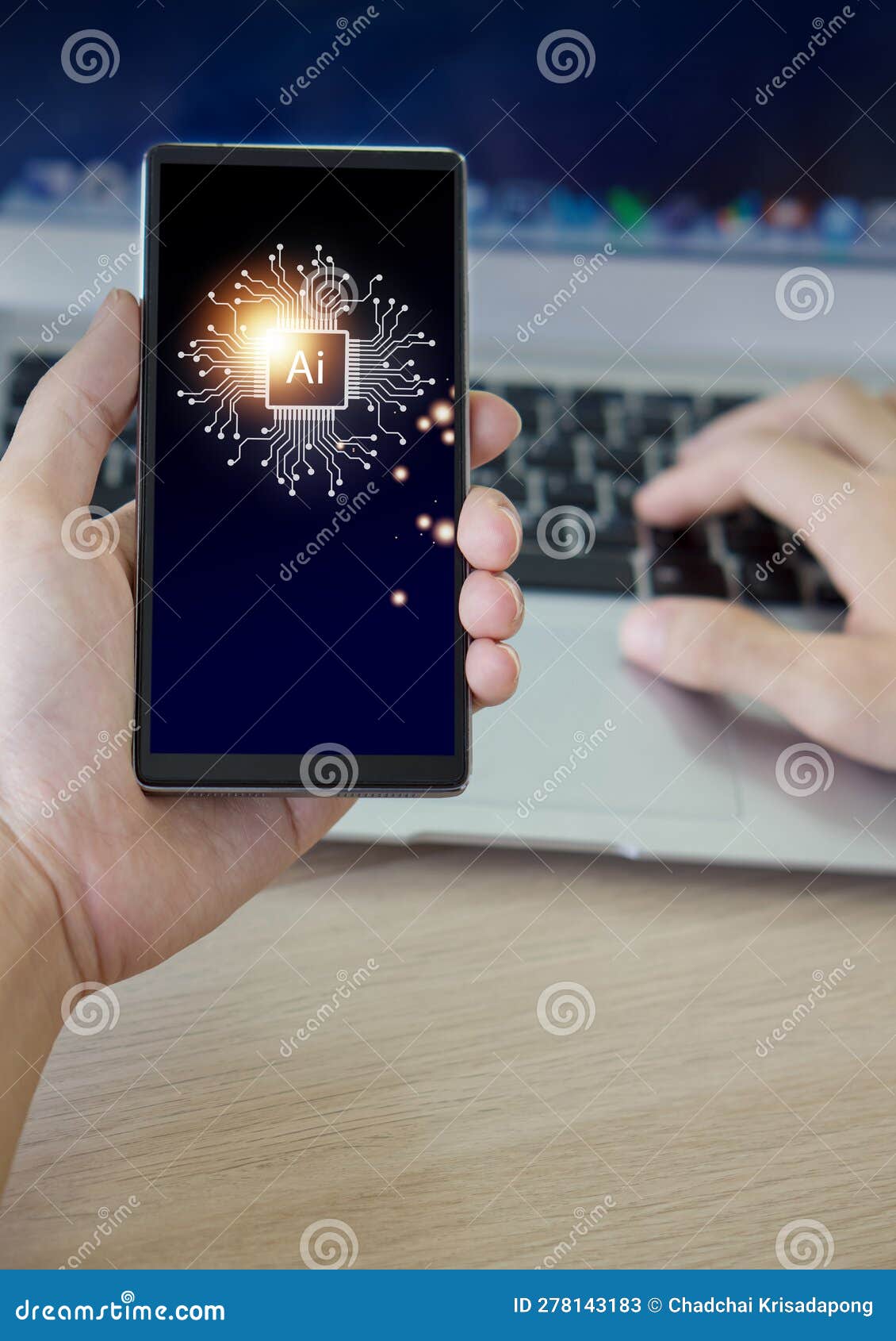 Man Using Mobile Phone and Laptop Computer. Digital Transformation ...