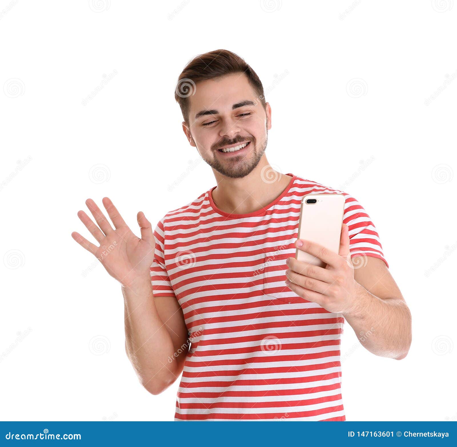 Man Using Mobile Phone for Video Chat on White Stock Image - Image of ...