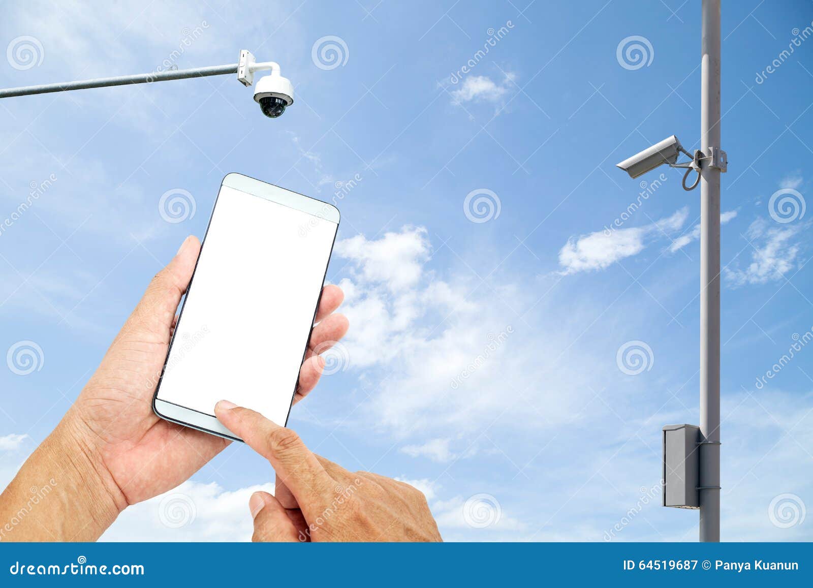 Man Using Mobile Smart Phone Control Out Door CCTV Camera. Con Stock ...