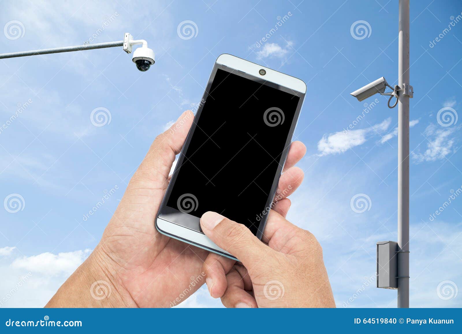 Man Using Mobile Smart Phone Control Out Door CCTV Camera. Con Stock ...