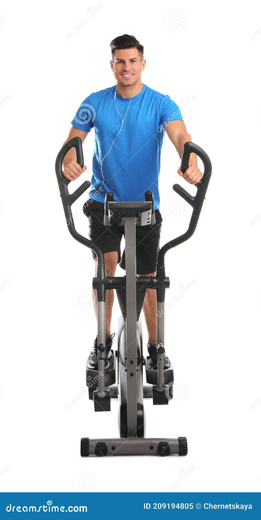 Man Using Modern Elliptical Machine on White Background Stock Image ...