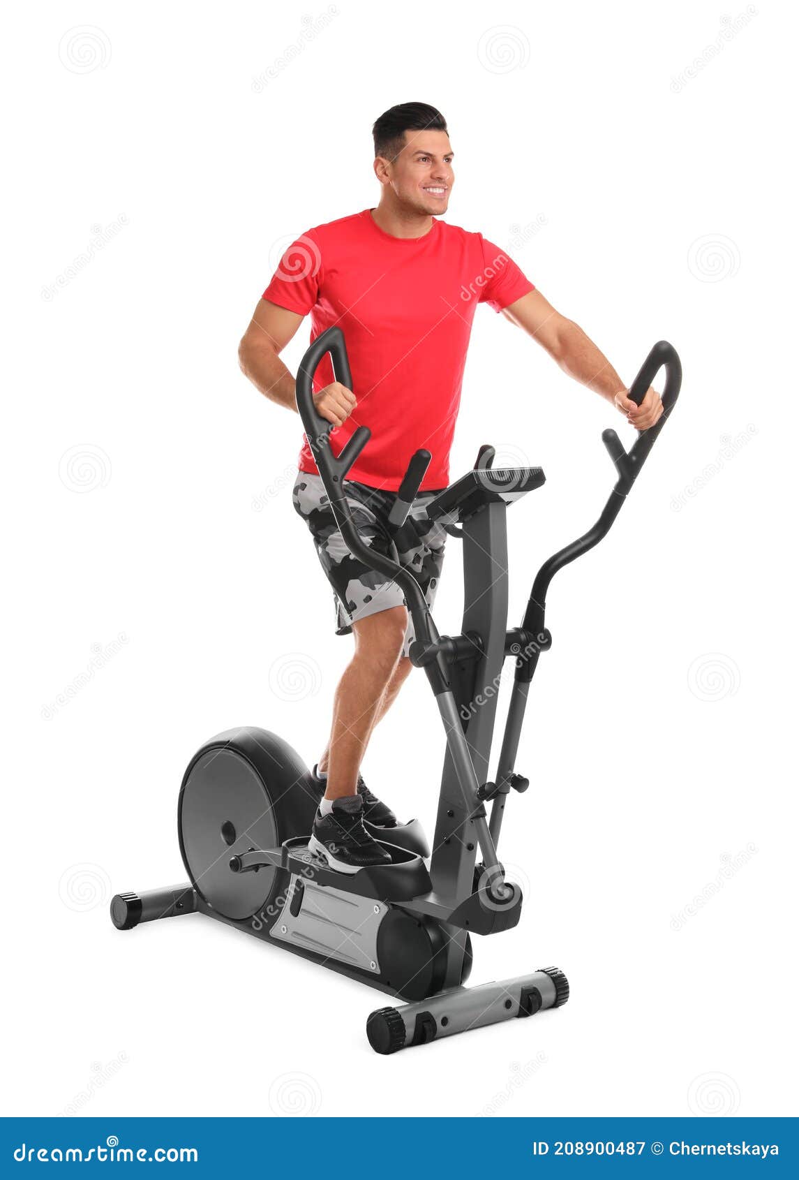 Man Using Modern Elliptical Machine on White Background Stock Image ...