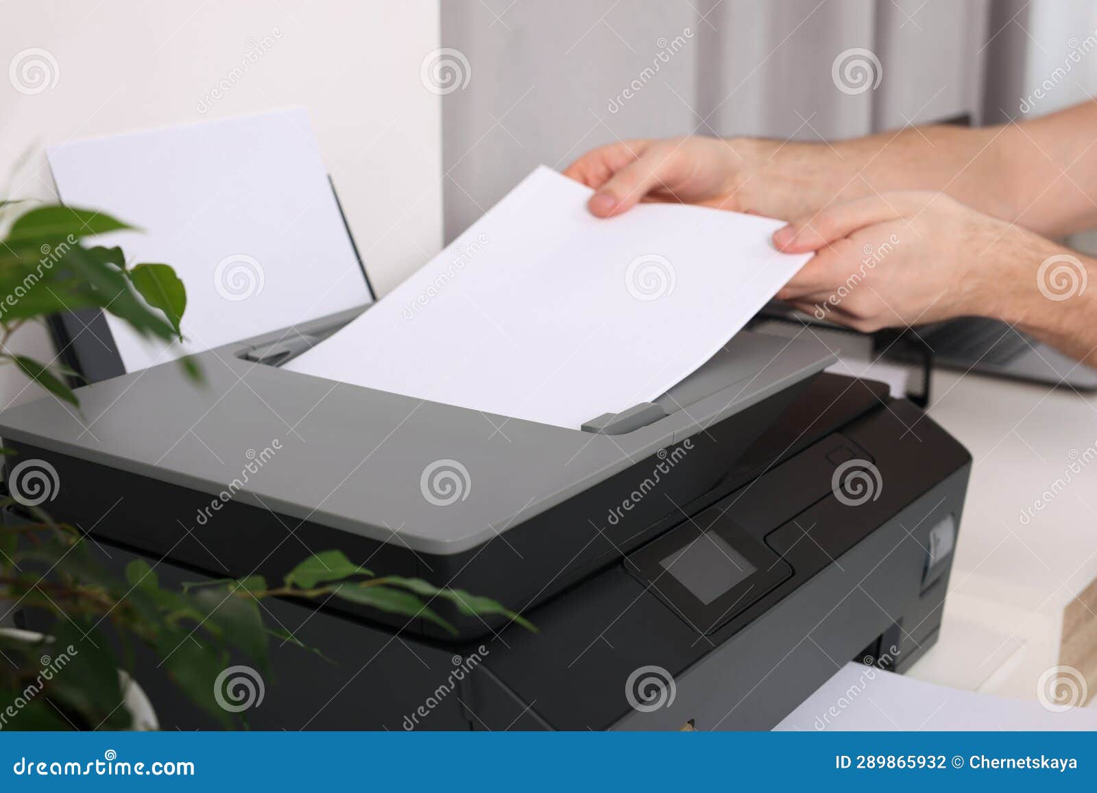 Man Using Modern Printer at Workplace Indoors, Closeup Stock Photo ...