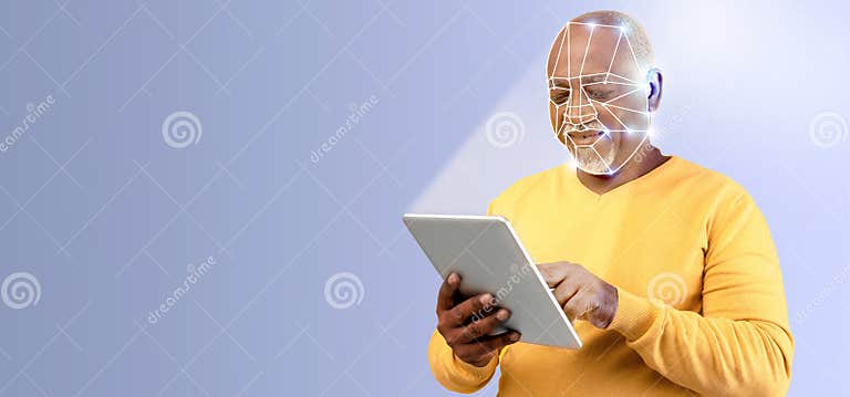 Man Using Modern Technology for Facial Recognition on Tablet Device ...
