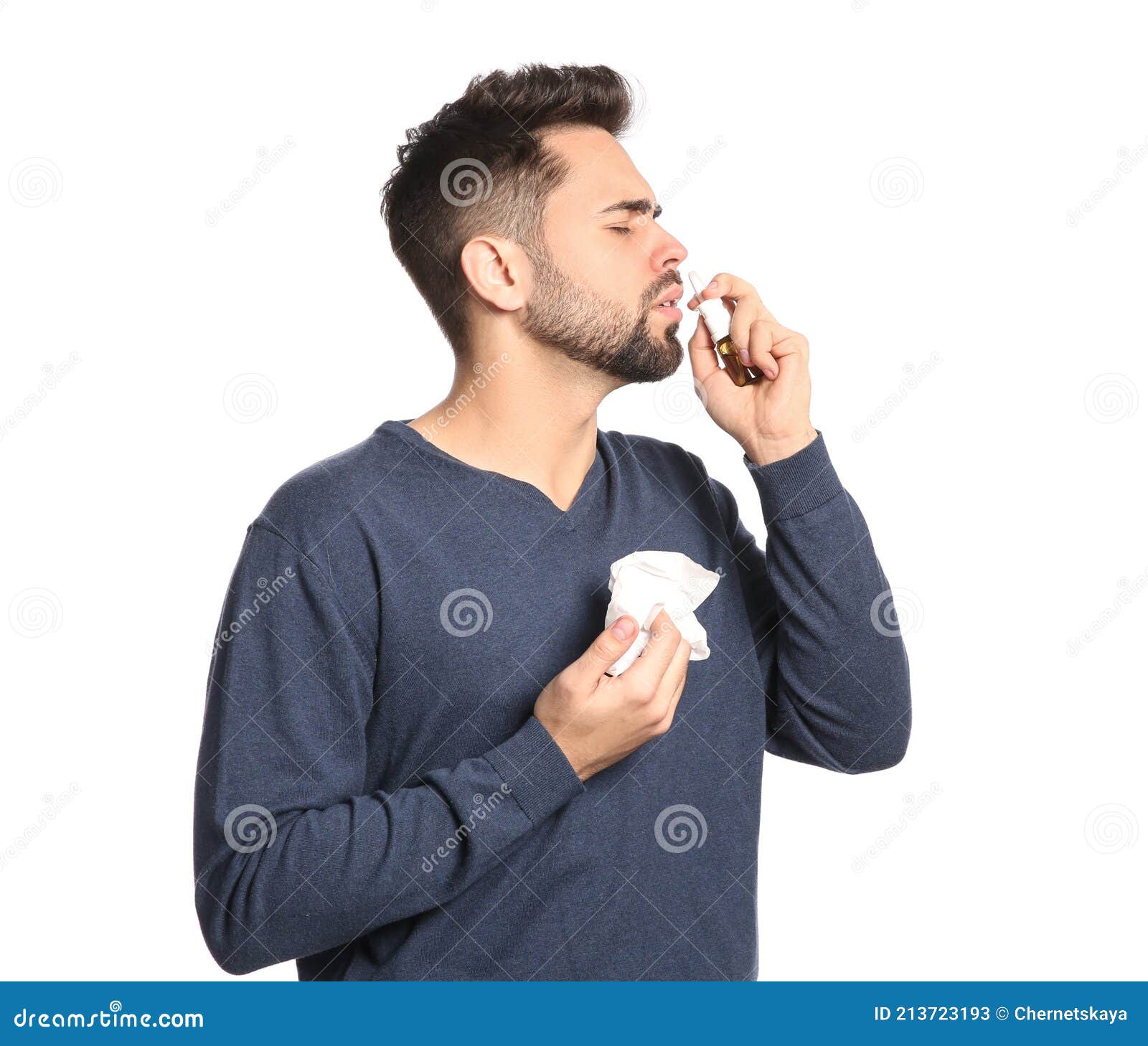 Man Using Nasal Spray on White Background Stock Image - Image of health ...