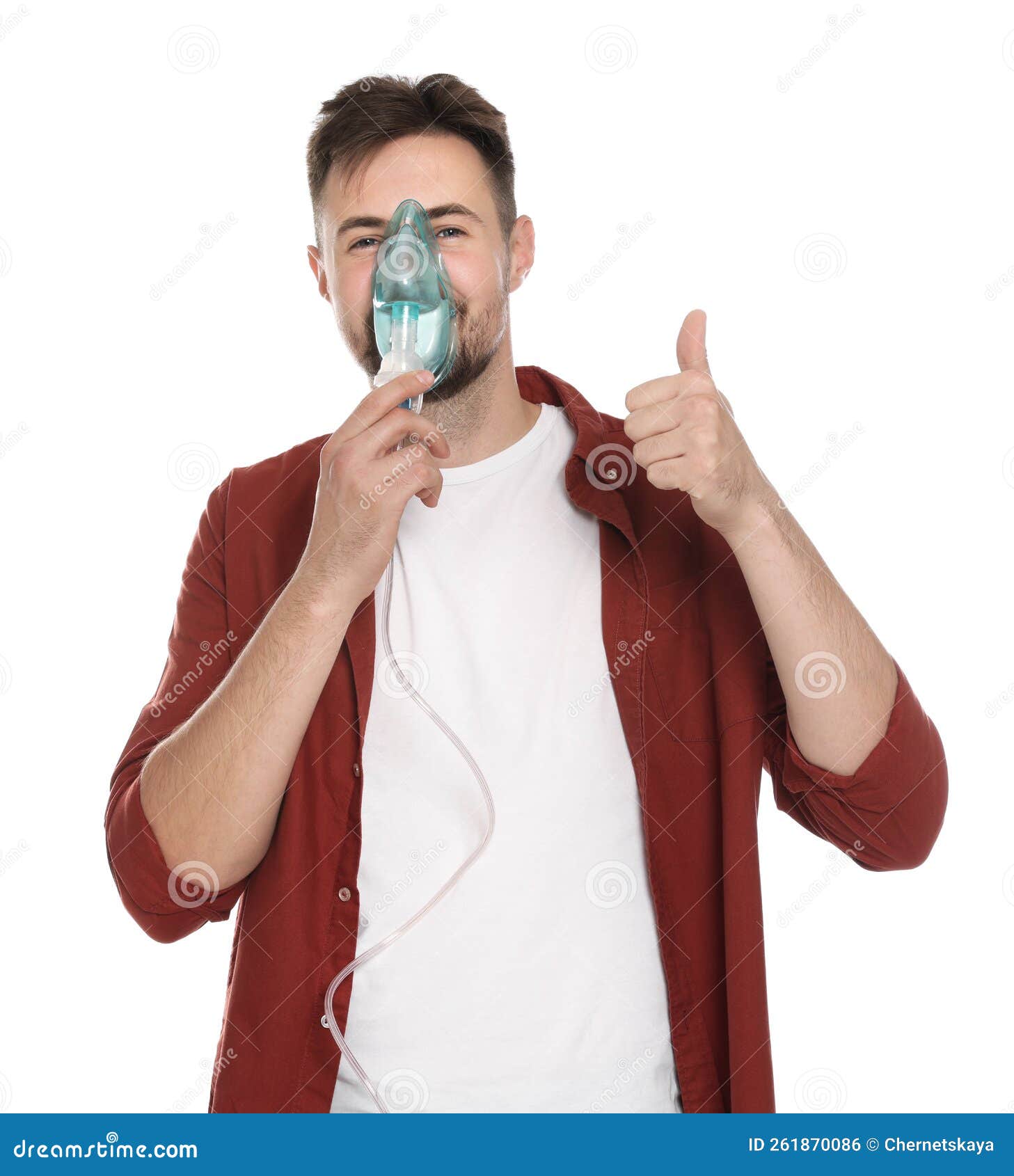 Man Using Nebulizer for Inhalation and Showing Thumb Up on White ...