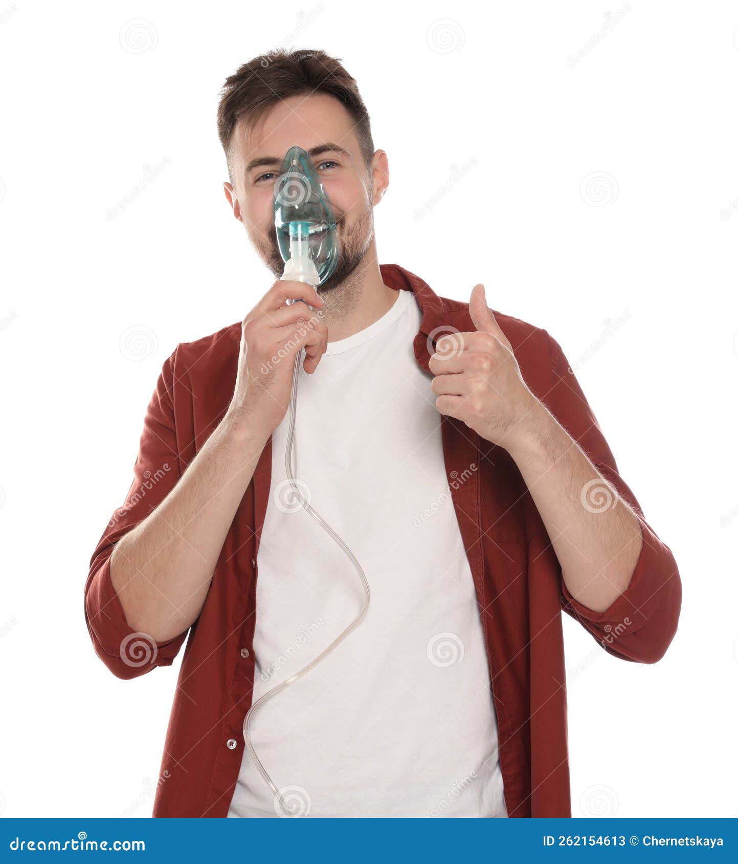 Man Using Nebulizer for Inhalation and Showing Thumb Up on White ...