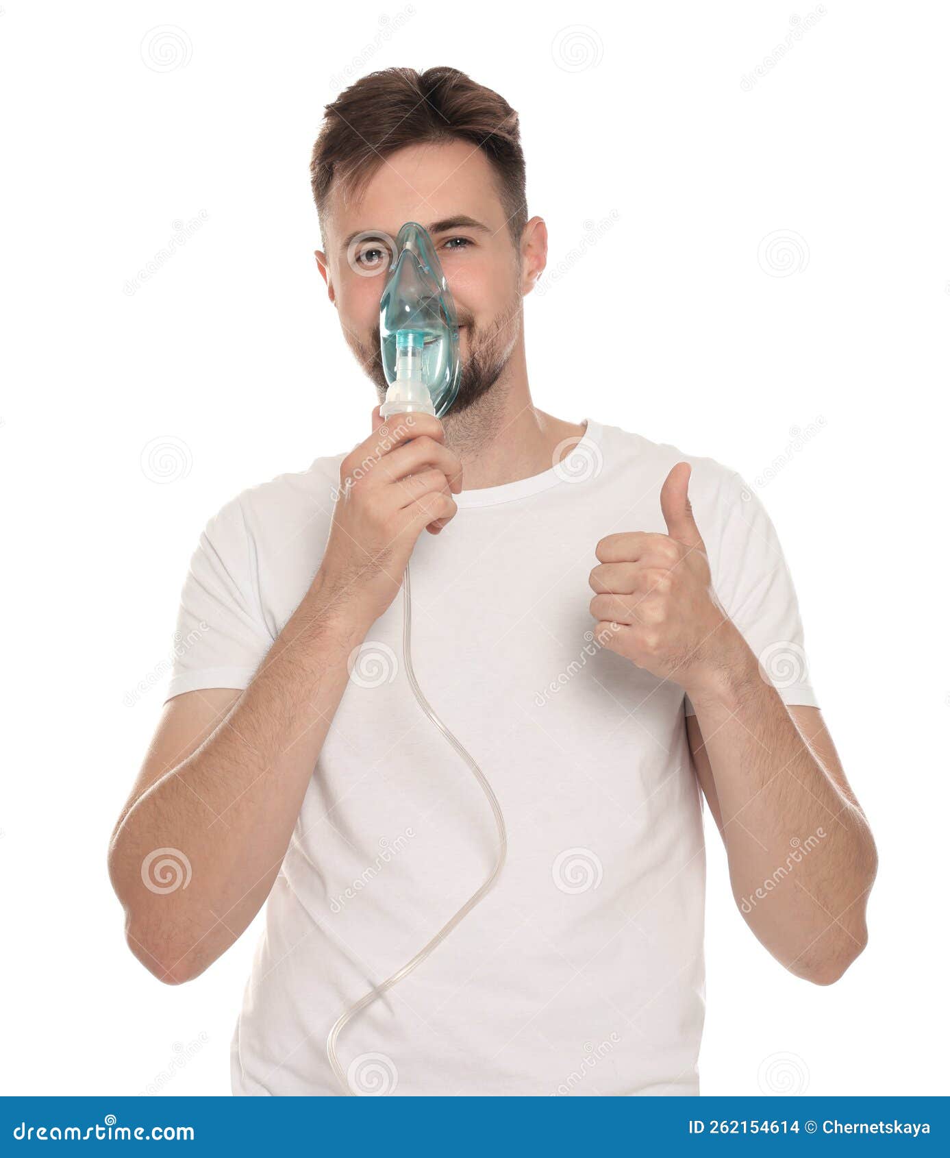Man Using Nebulizer for Inhalation and Showing Thumb Up on White ...