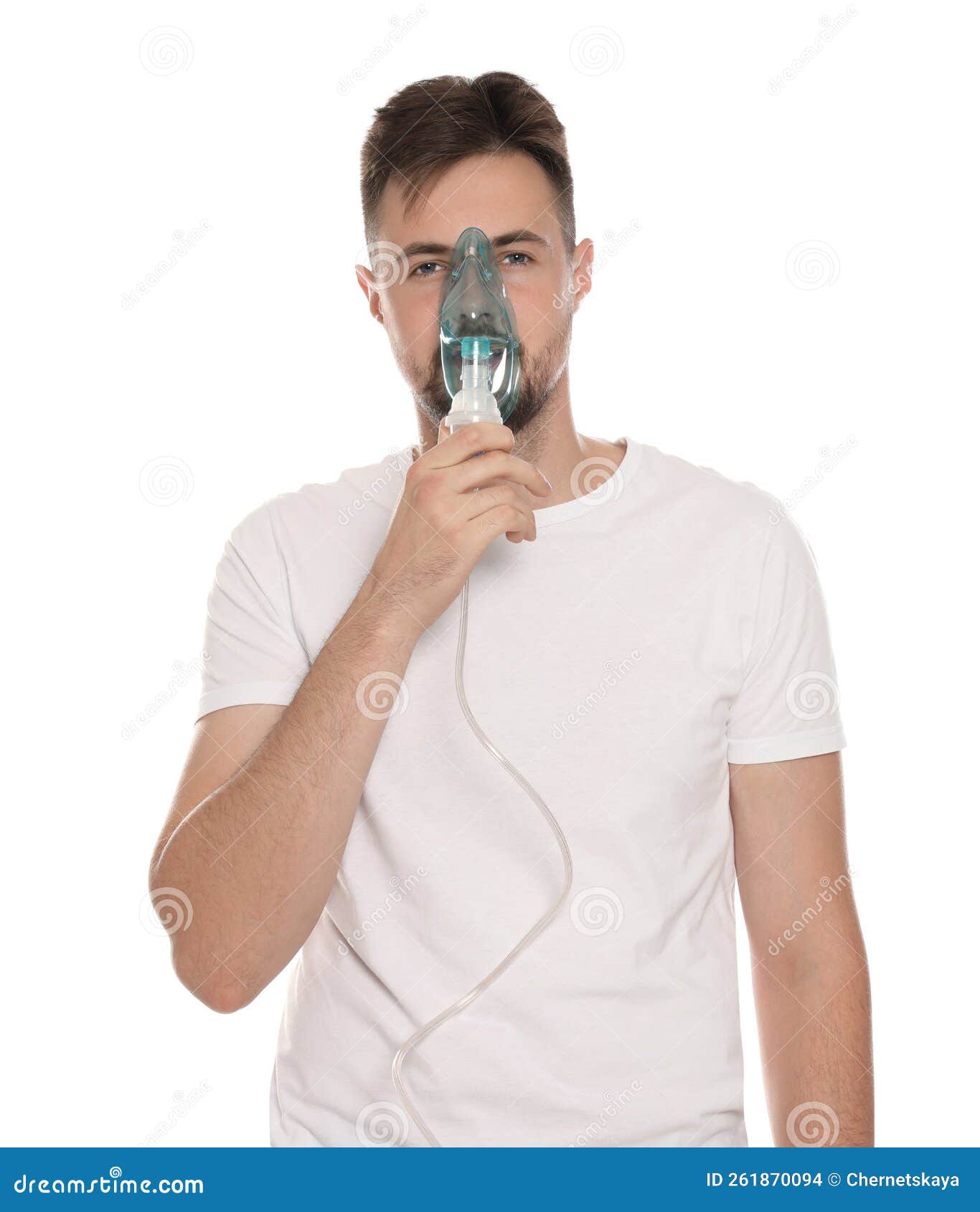 Man Using Nebulizer for Inhalation on White Background Stock Photo ...