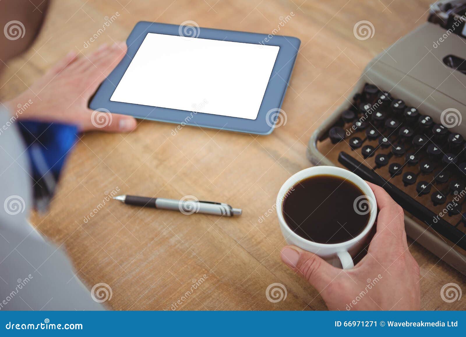Man Using Old Typewriter and Tablet Stock Image - Image of business ...