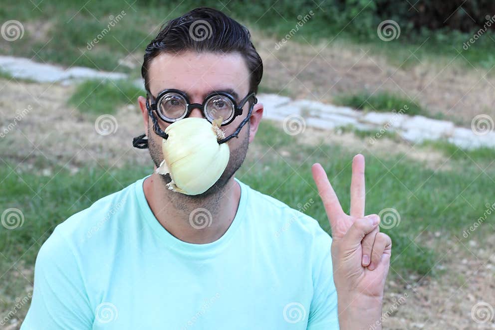 Man Using Onion As Protective Face Mask Stock Photo - Image of panic ...