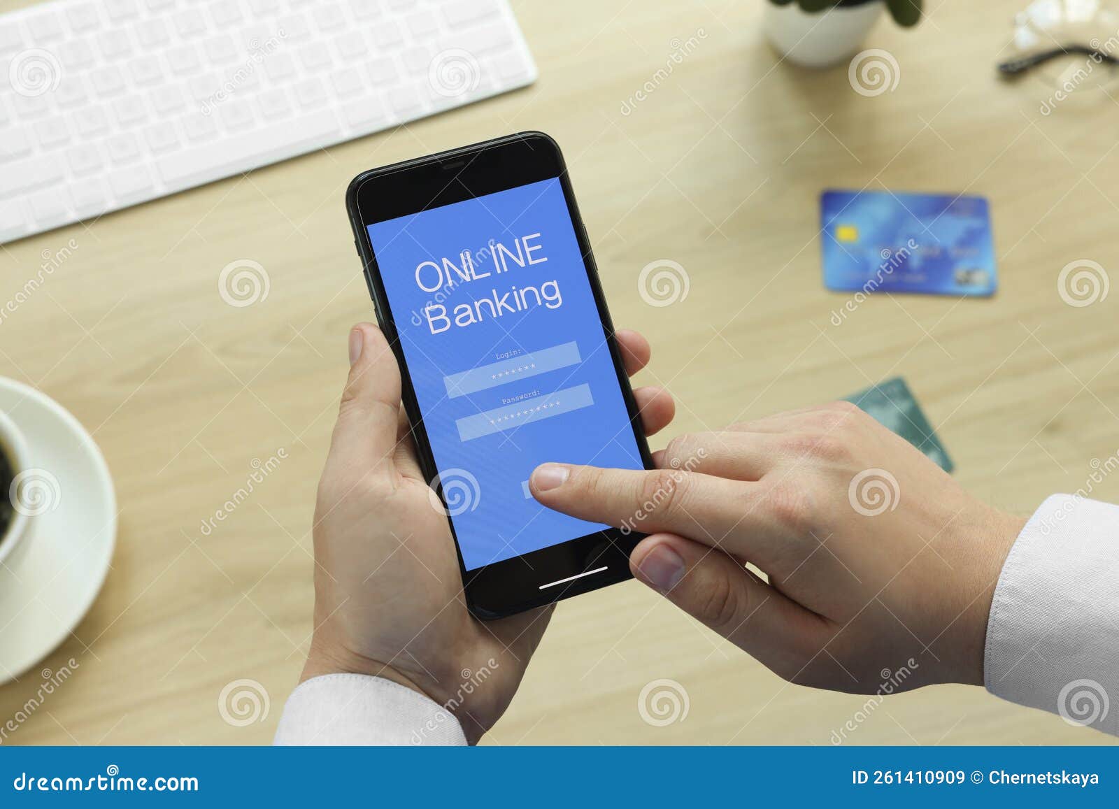 Man Using Online Banking App on Smartphone at Wooden Office Table ...