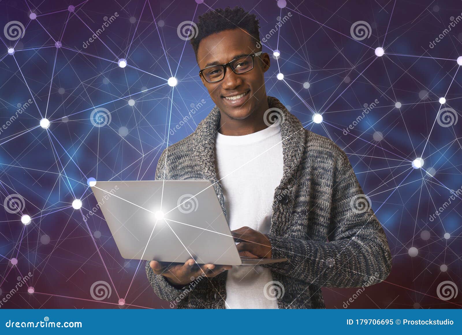 Man Using Personal Computer with Flying Network Stock Image - Image of ...