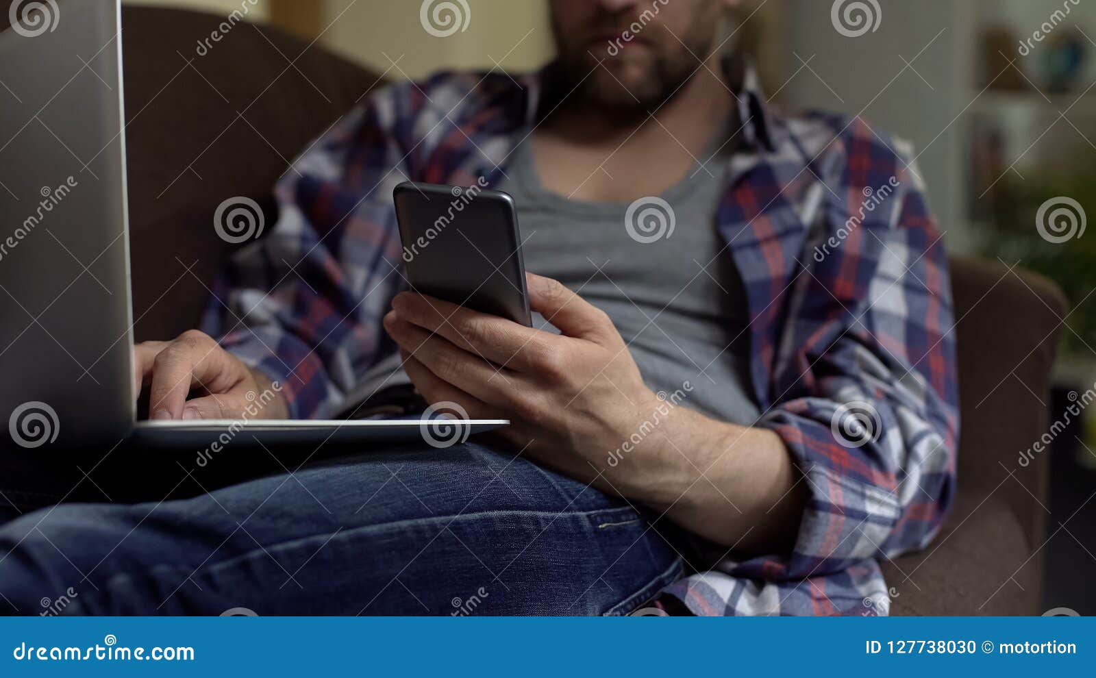 Man Using Phone Application and Working on Laptop, Online Payment ...