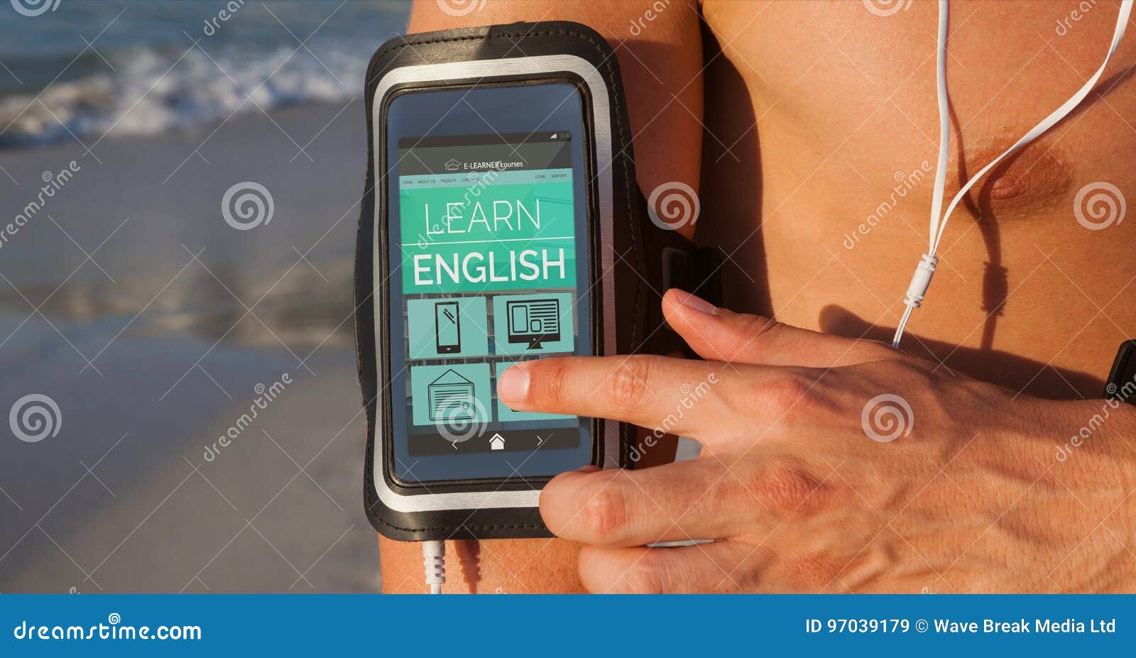 Man Using a Phone with E-learning Information in the Screen Stock Image ...
