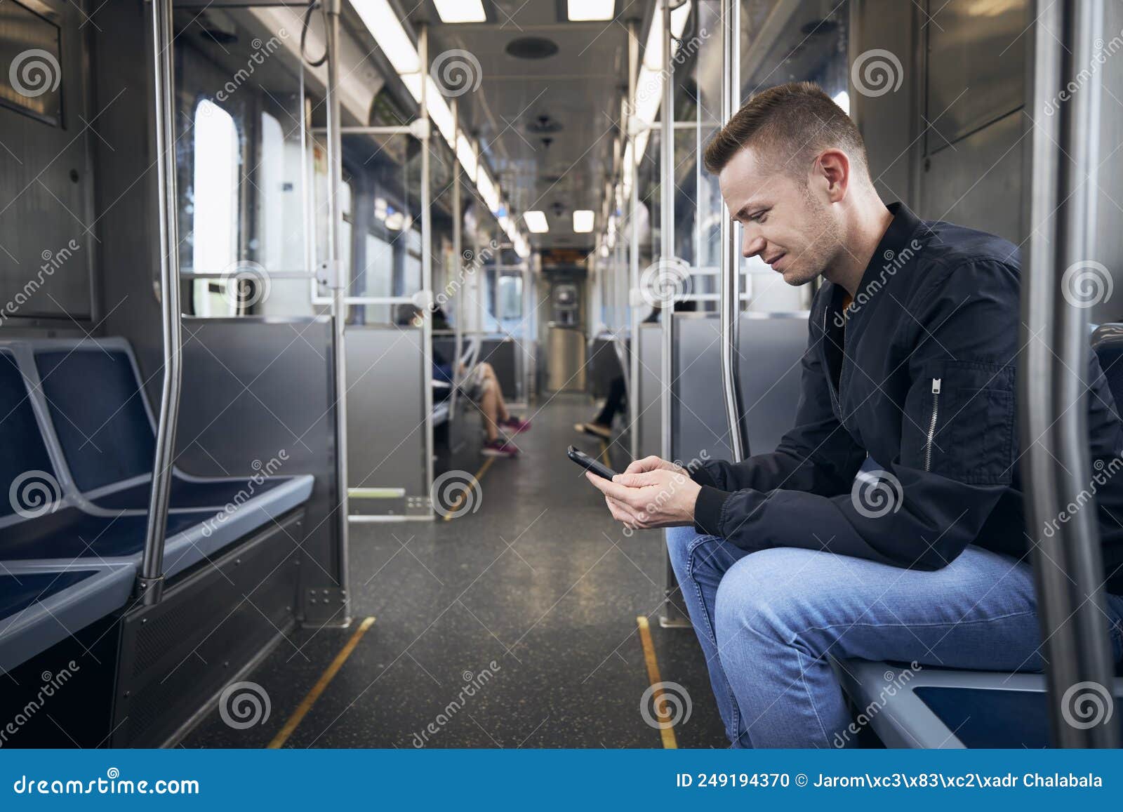 Man Using Phone in Train of Public Transportation Stock Photo - Image ...