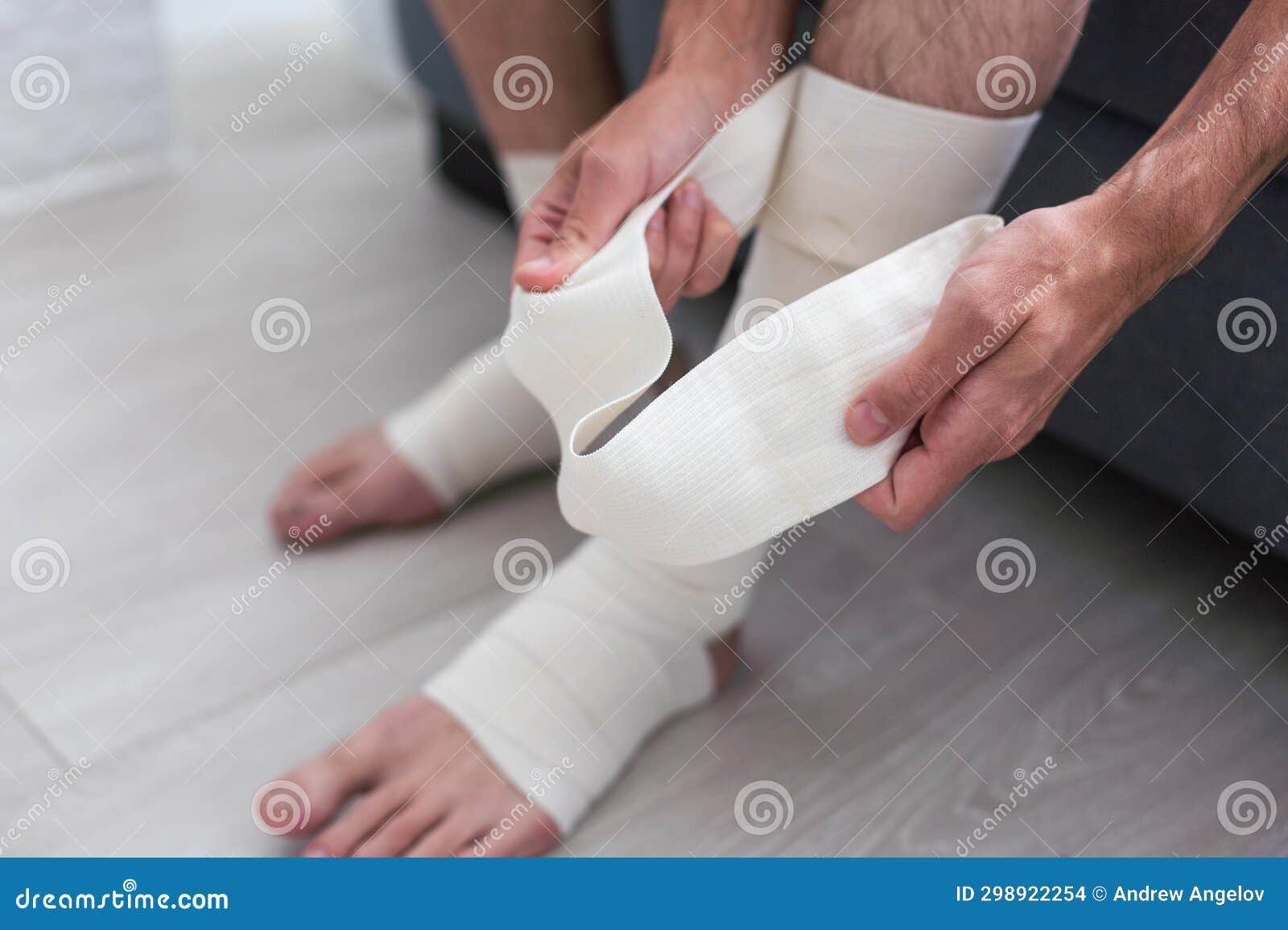 Man Using Put on Elastic Bandage with Legs Having Leg Pain Stock Photo ...