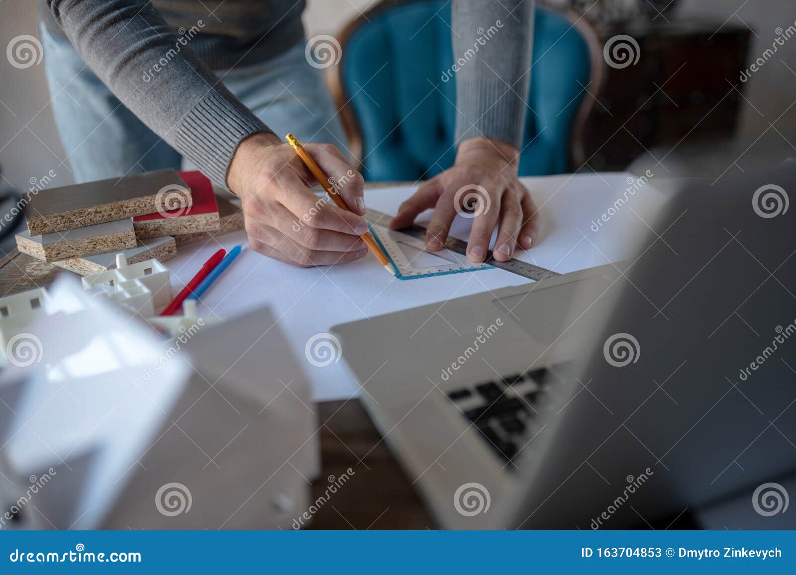 Man Using Ruler and Pencil while Making Sketches Stock Image - Image of ...