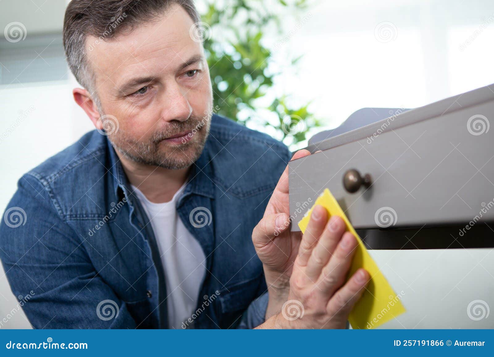 Man Using Sandpaper on Painted Cupboard Stock Photo - Image of home ...