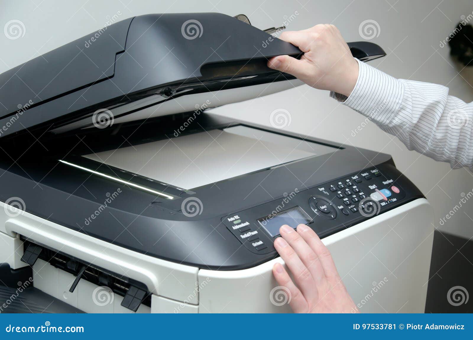 Man Using Scanner Device in Office Stock Image - Image of button, white ...
