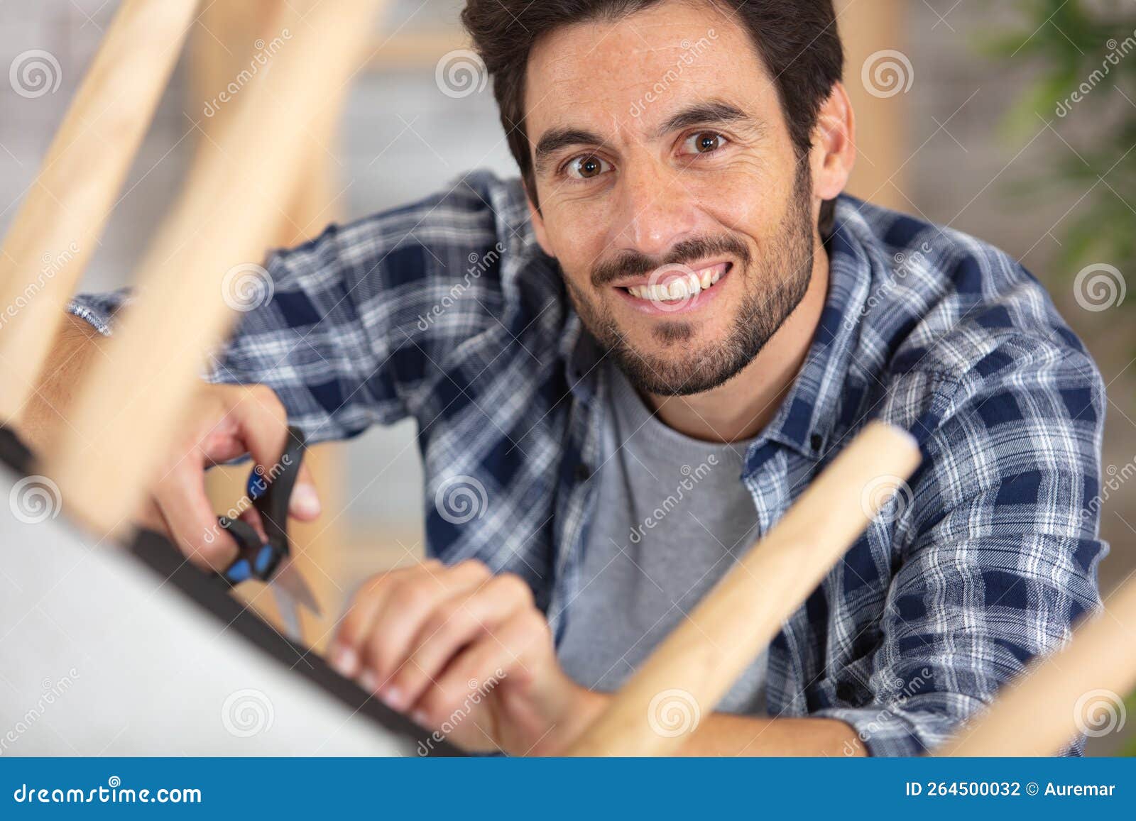 Man Using Scissors To Work on Chairs Upholstery Stock Photo - Image of ...