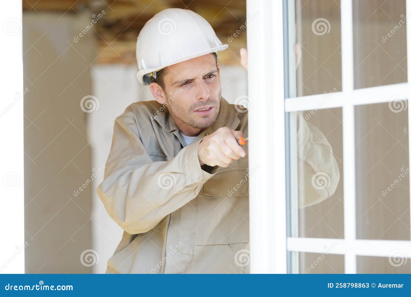Man Using Screwdriver on Window Stock Image - Image of protection ...