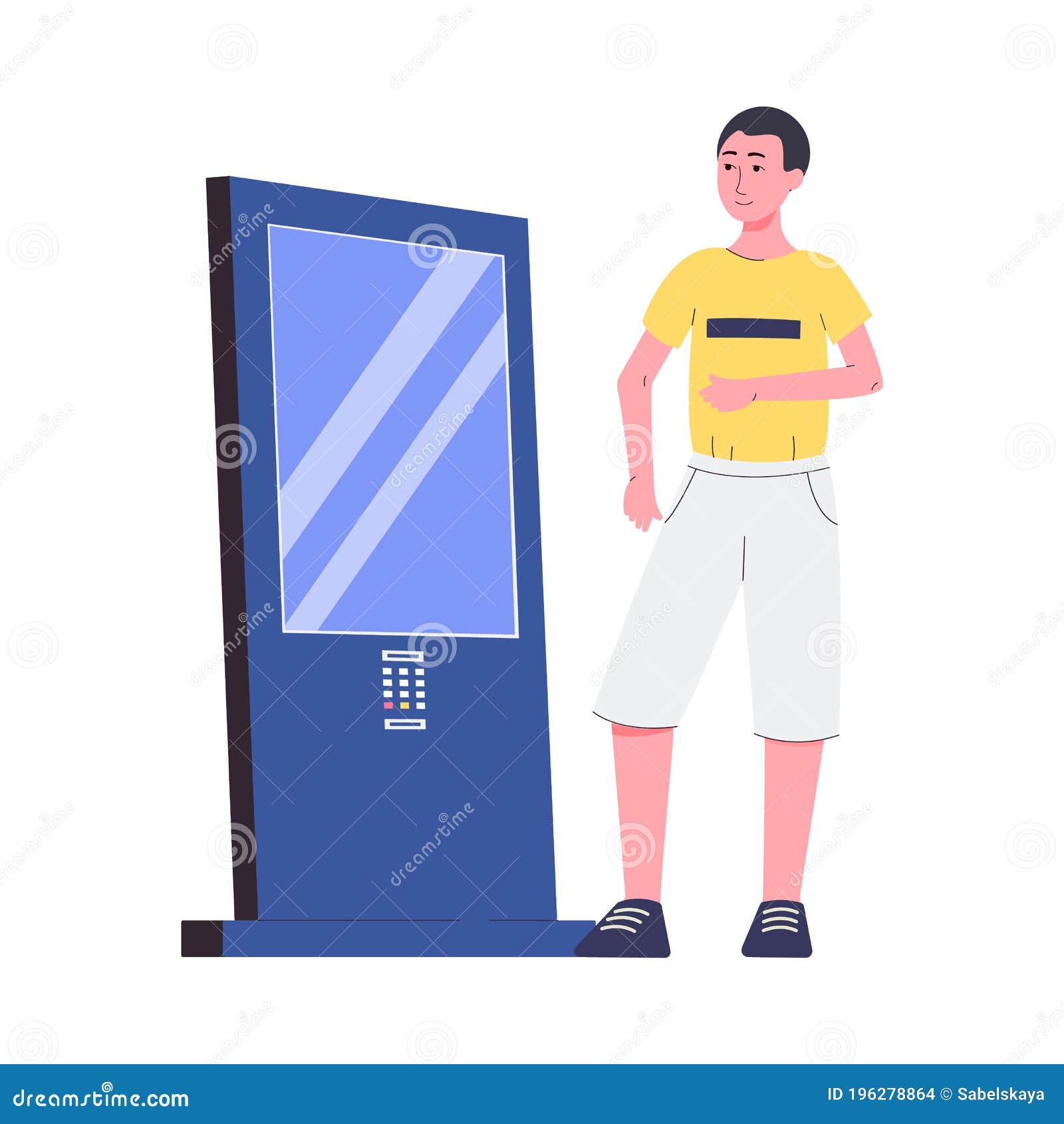 Man Using Service Interactive Display Stand Flat Vector Illustration ...