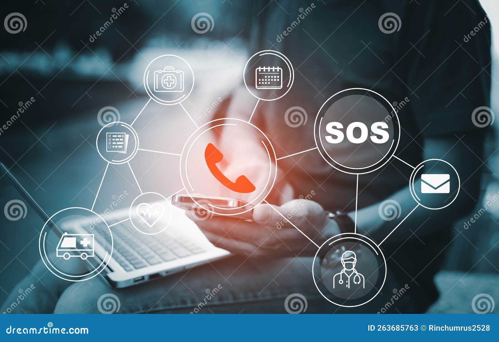 Man Using Smart Phone with Emergency App in Home, Call Phone, Chat ...