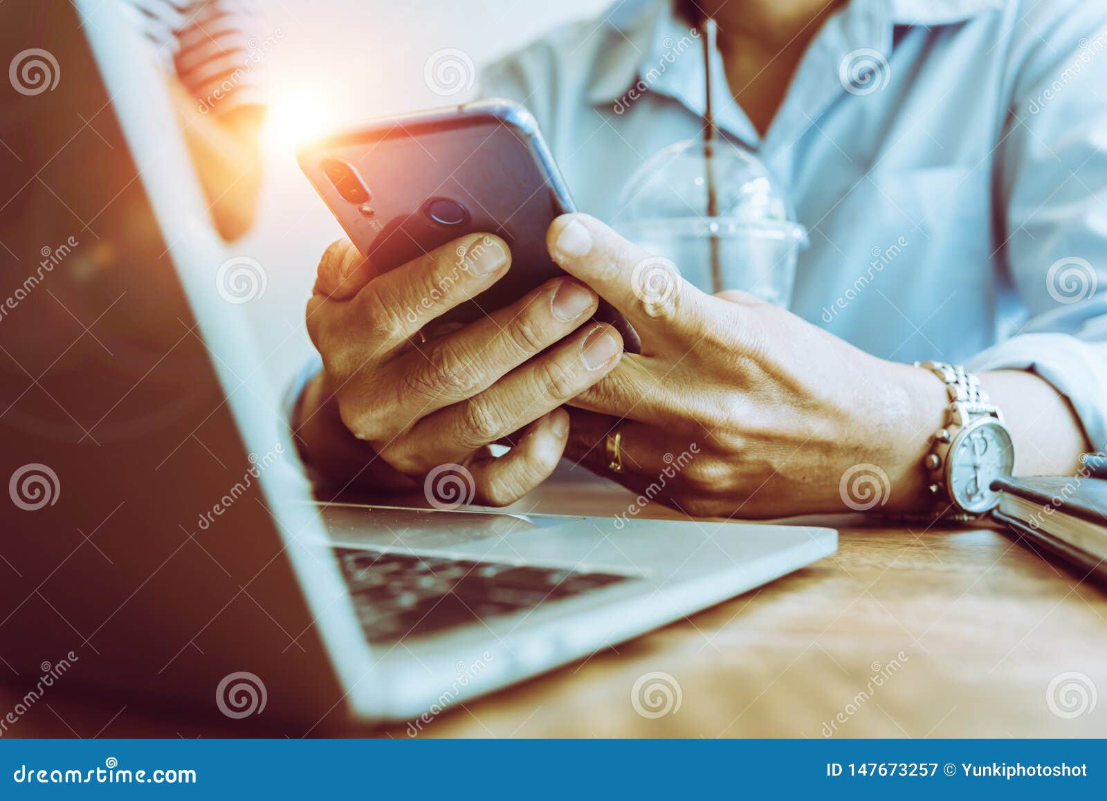 Man Using Smart Phone Mobile for Connect with Friends in Coffee Shop ...