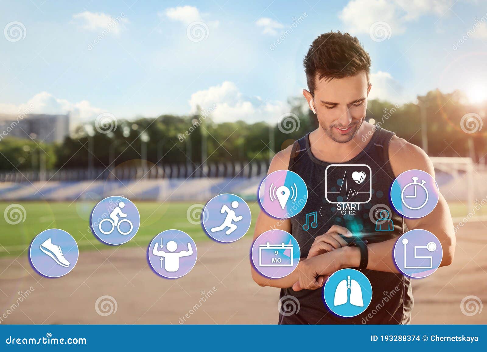 Man Using Smart Watch during Training. Icons Near Hand with Device ...