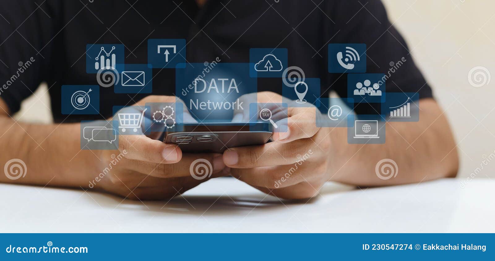 Man Using Smartphone with Data Network Digital Connect. Transformation ...