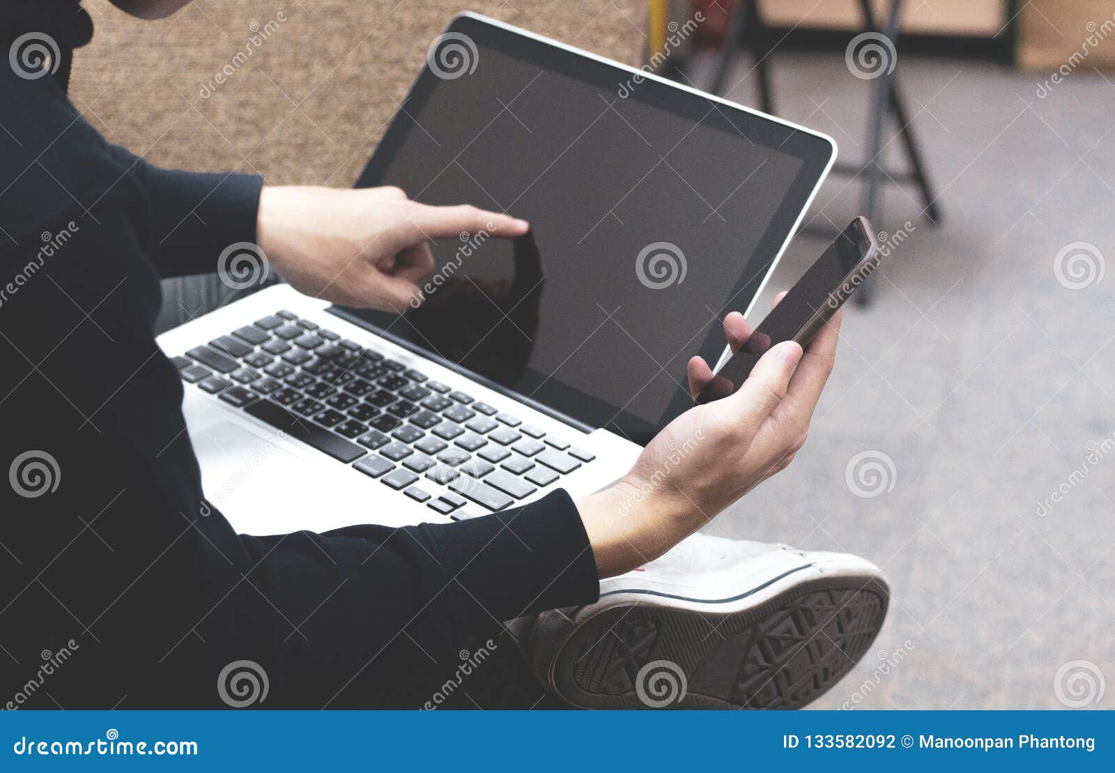 Man Using Smartphone and Laptop. Close-up Stock Photo - Image of girl ...