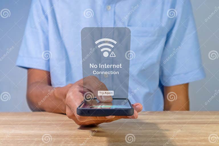 Man Using a Smartphone with No Internet Connection on Screen. No ...