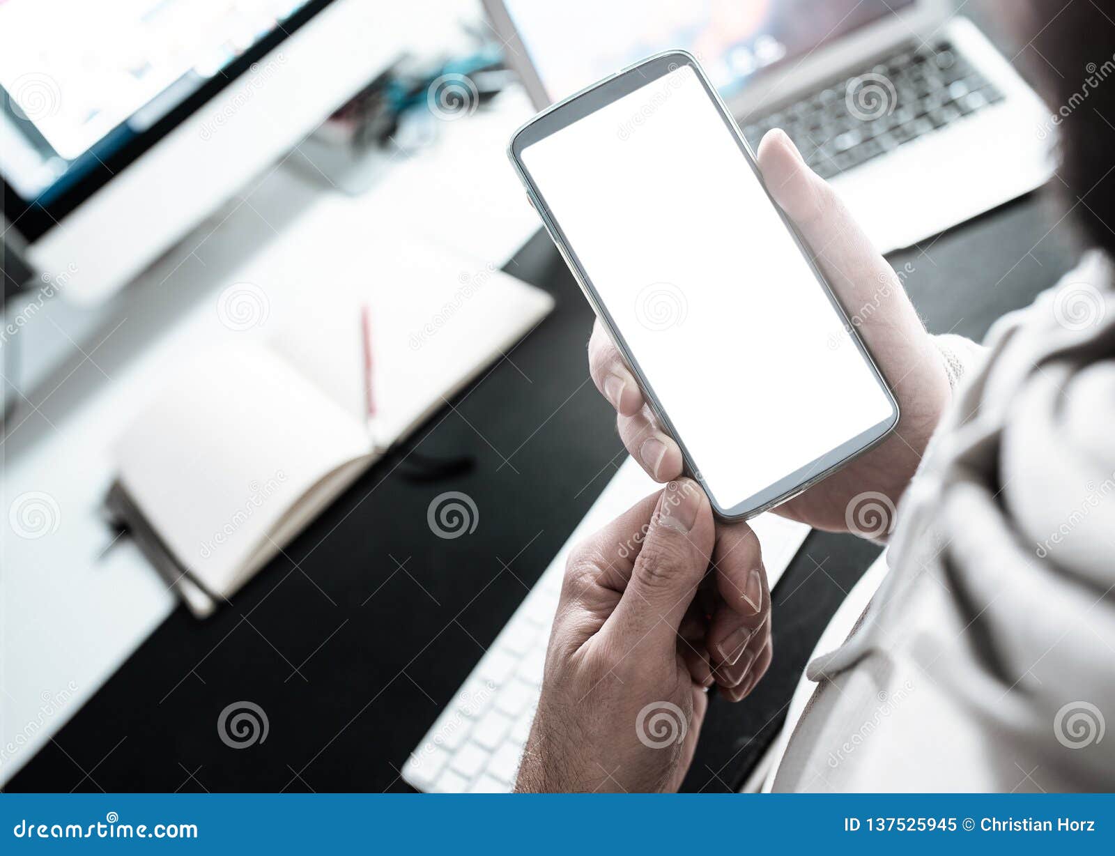 Man Using Smartphone at Office Desk Stock Image - Image of computer ...