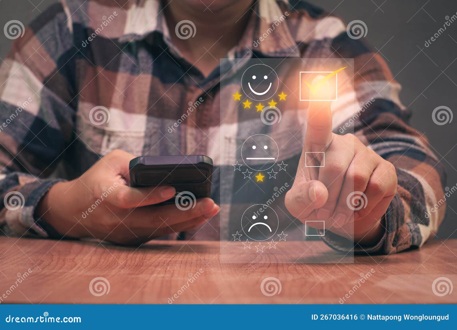 Man is Using a Smartphone and he is Pressing Face Emoticon Smile Stock ...