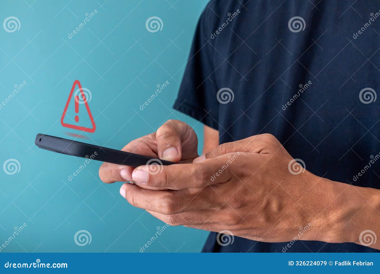 Man Using a Smartphone with Red Triangle Caution Warning Sign for ...