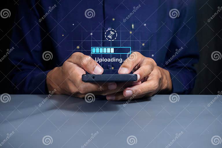 Man Using a Smartphone To Upload Data To Cloud Storage. Phone Data ...