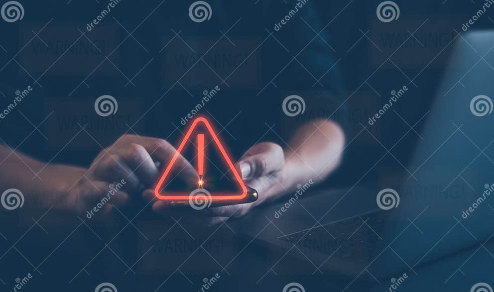 Man Using Smartphone with Triangle Caution Warning Sign for Notification Error and Maintenance ...
