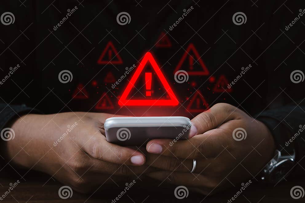 Man Using Smartphone With Warning Signnotification Error And Virus Detection Spyware Internet