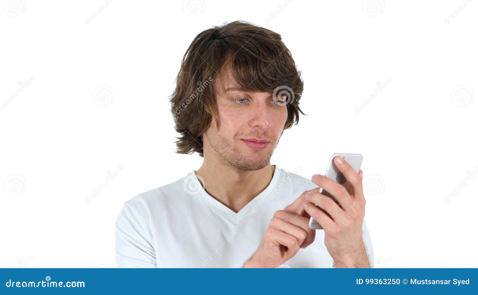 Man Using Smartphone, White Background Stock Photo - Image of ...