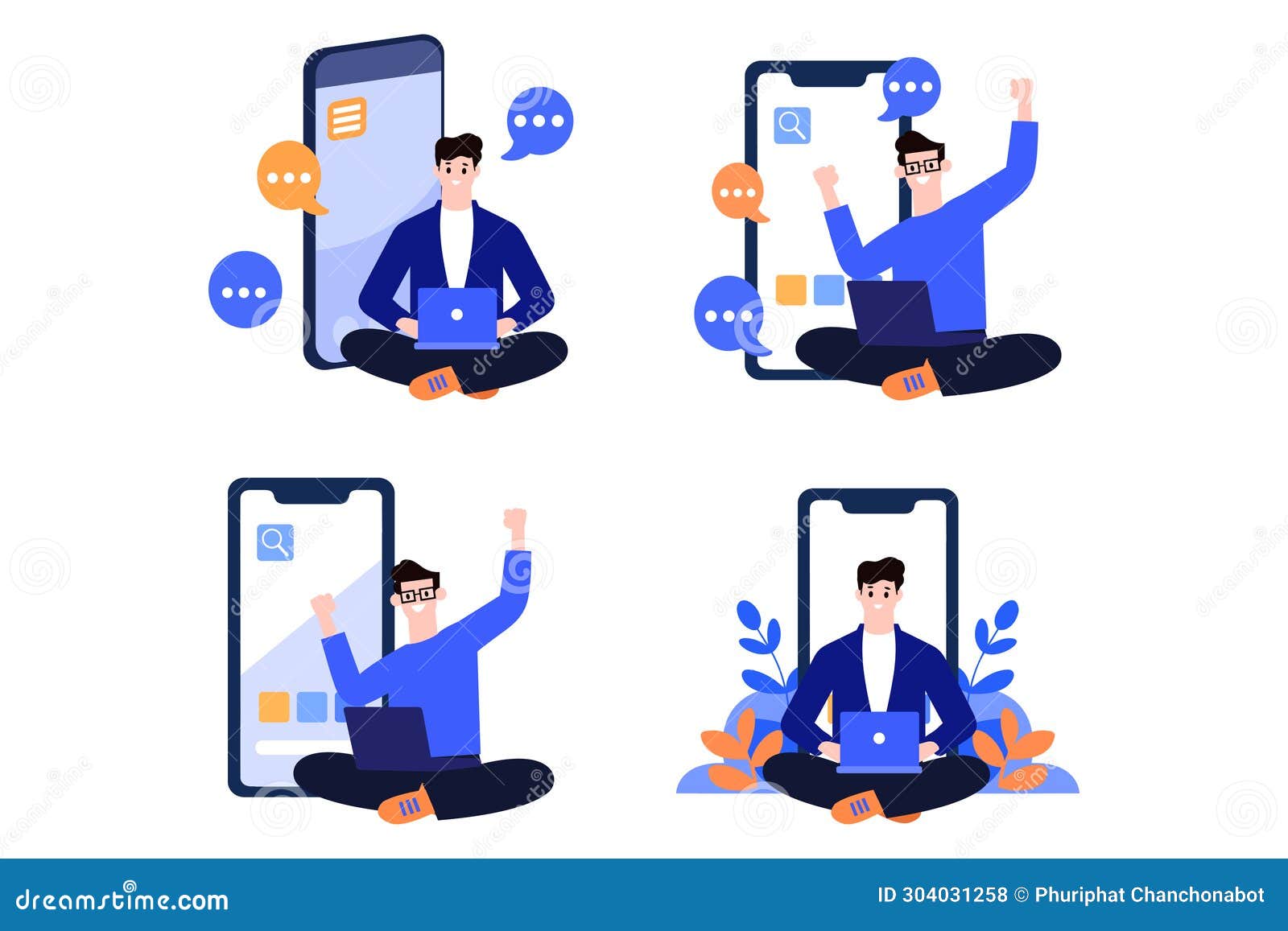 A Man Using Social Media in Flat Style Collection Stock Vector ...