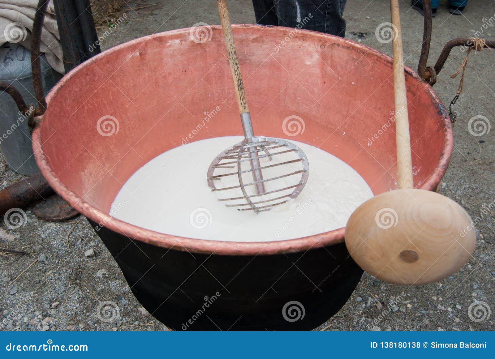 Man Using a Special Ladle and Copper Cauldron Containing Milk Turning ...