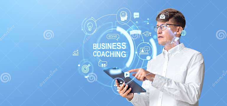Man Using Tablet, Business Coaching Icons on Virtual Screen. Copy Space ...