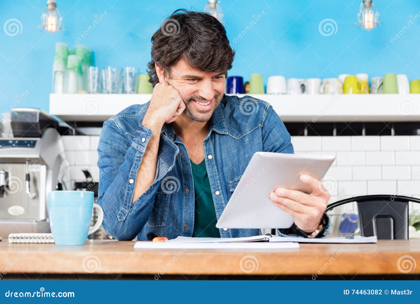 Man Using Tablet Computer Casual Businessman Smile Sitting Stock Photo ...