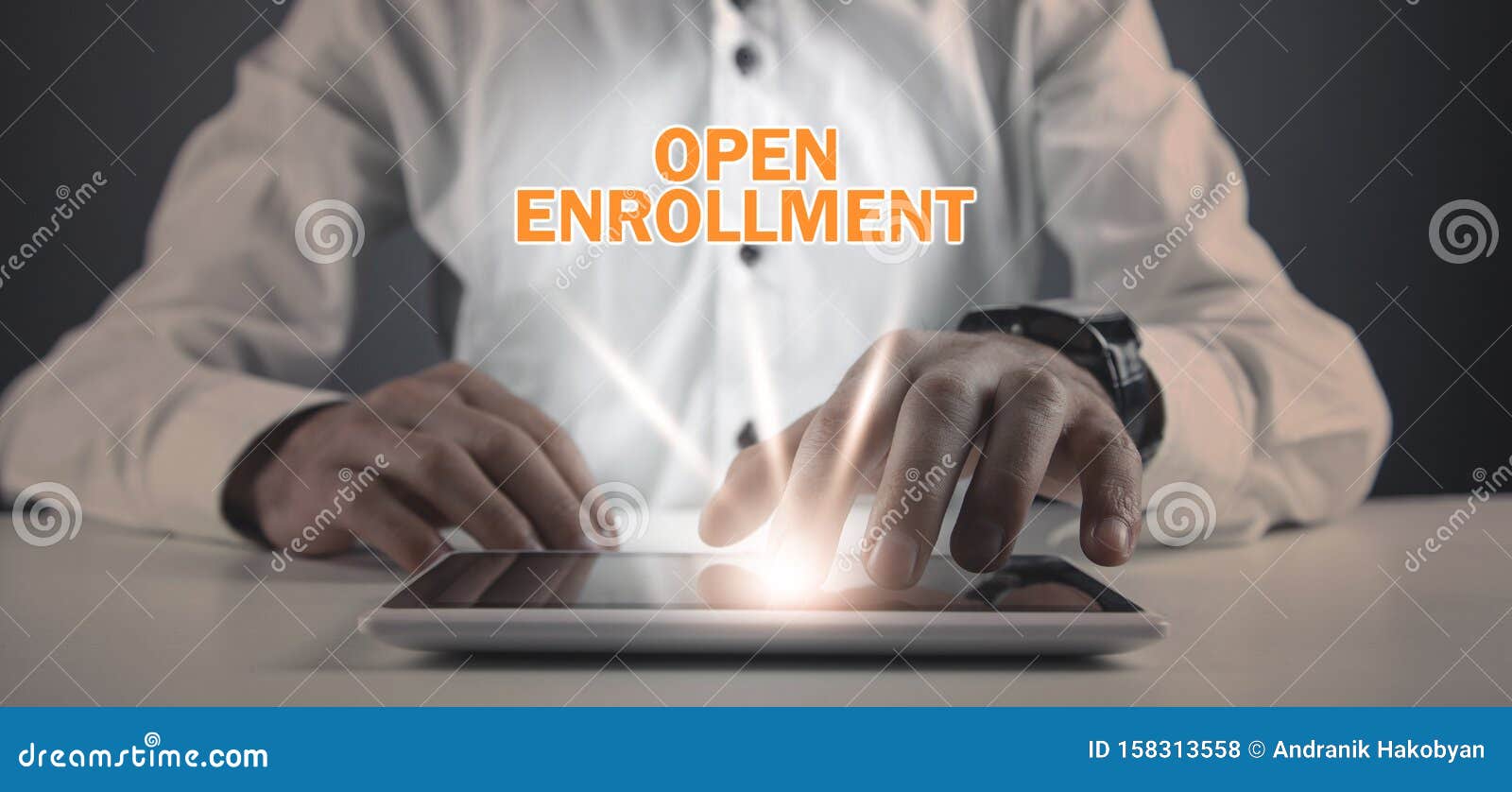 Man Using Tablet Computer. Open Enrollment Stock Photo - Image of sign ... Man Using Tablet Computer. Open Enrollment Stock Photo - Image of sign ...
