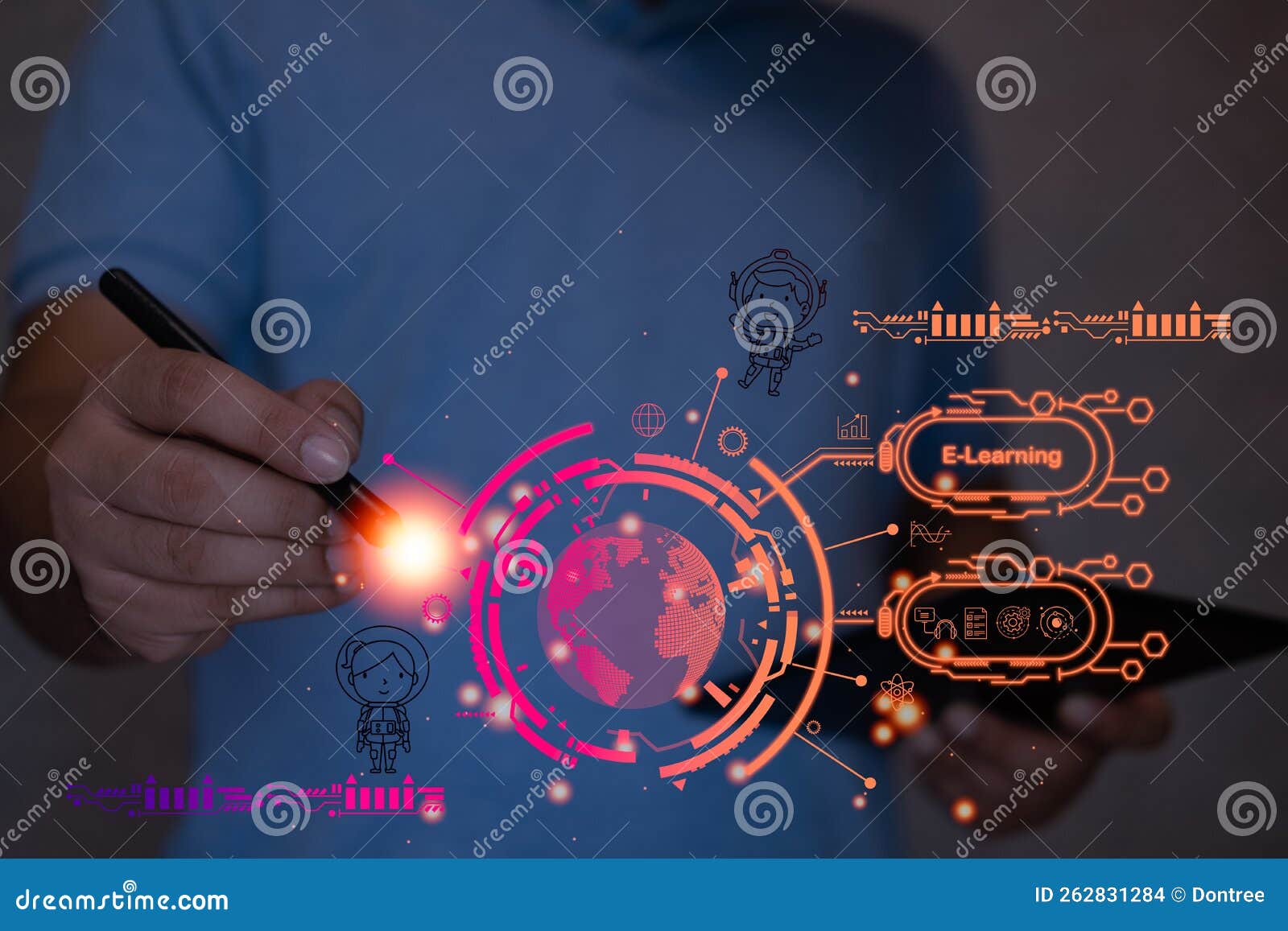 Man Using a Tablet and Digital Pen for Online Learning. E-learning with Connected Diagram ...