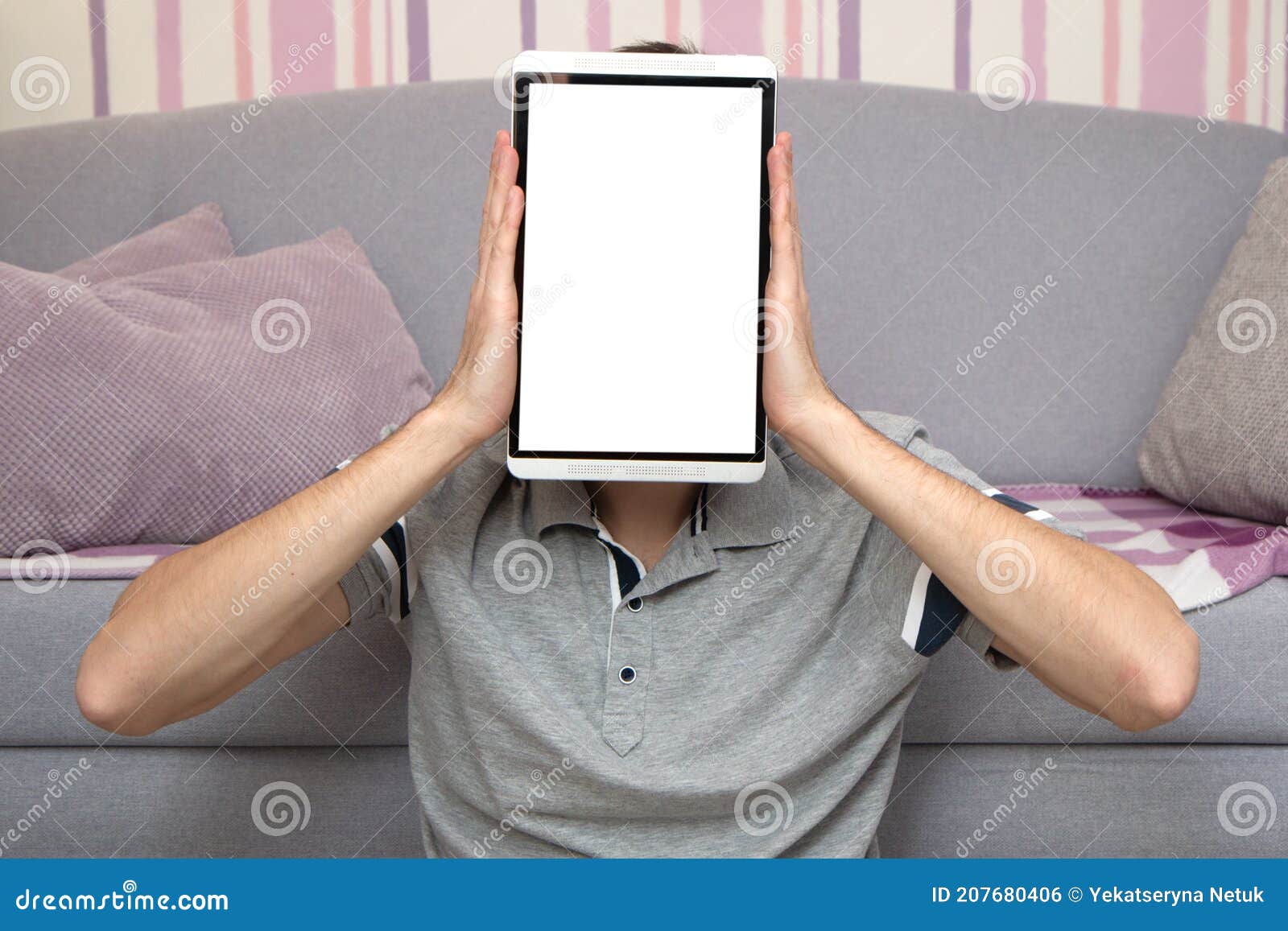 Man is Using a Tablet Like a Head, Layout with Copy Space, Place for ...